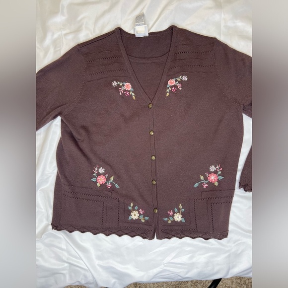 Koret | Sweaters | Vtg Koret Brown Floral Embroidered Cardigan Sweater ...